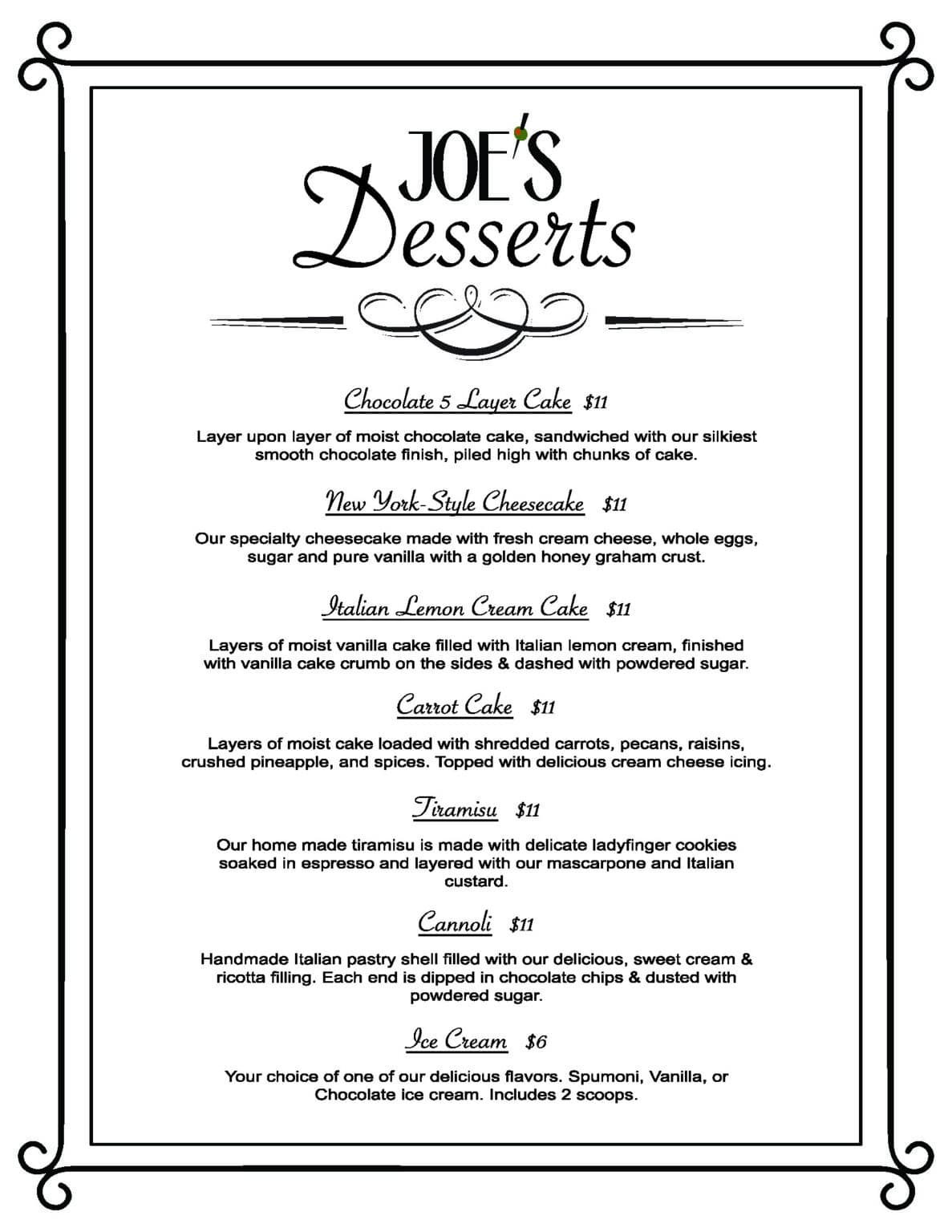 Menus - Joe's Italian Restaurant and Bar