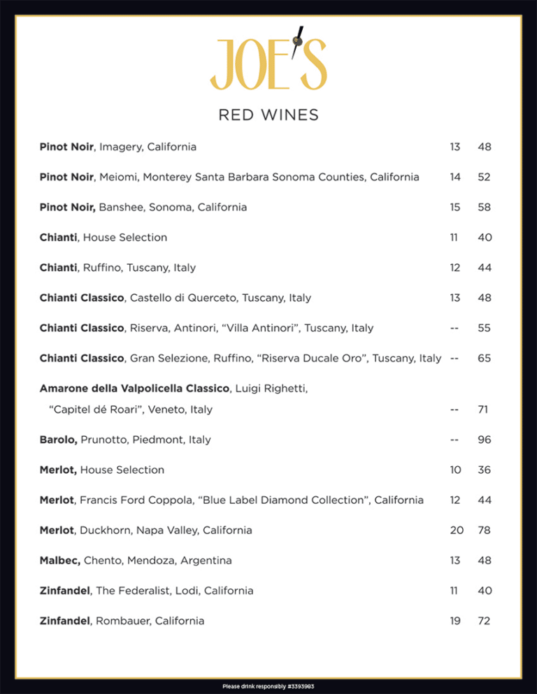 Menus - Joe's Italian Restaurant and Bar